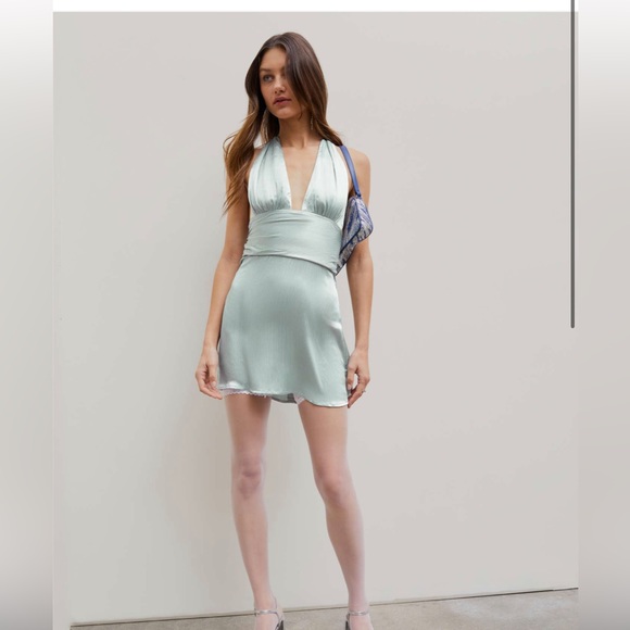 Cider | Dresses | Cider Solid Deep V Halter Mini Dress Sage | Poshmark